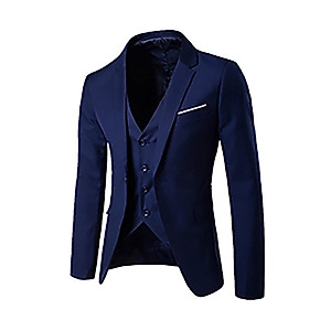 Sports Coats for Men,Men&#039;s 3 Piece Slim Fit Suit Set 2 Button Blazer Jacket Vest Pants Solid Wedding Dress Tux and Trousers Navy Blue