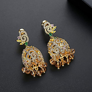 14K Gold Indian Tassel Crystal Drop Earrings for Women,Vintage Palace Style Bell Shape Heavy Industry Dangle Earrings,Fashion Christmas Jewelry Gift for Her (Style 2, 14K Gold)