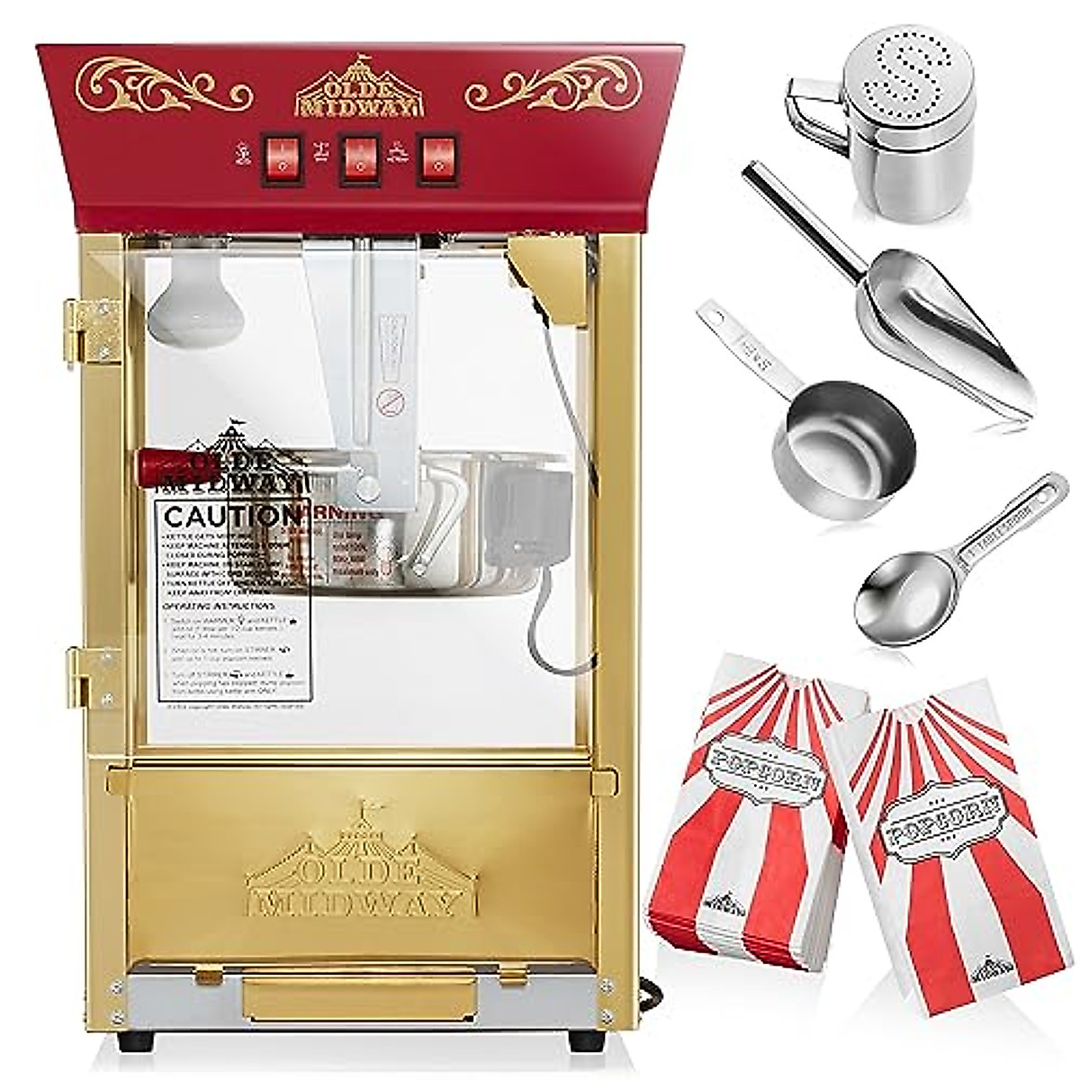Olde Midway Movie Theater-Style Popcorn Machine Maker with 8-Ounce Kettle - Red, Vintage-Style Countertop Popper