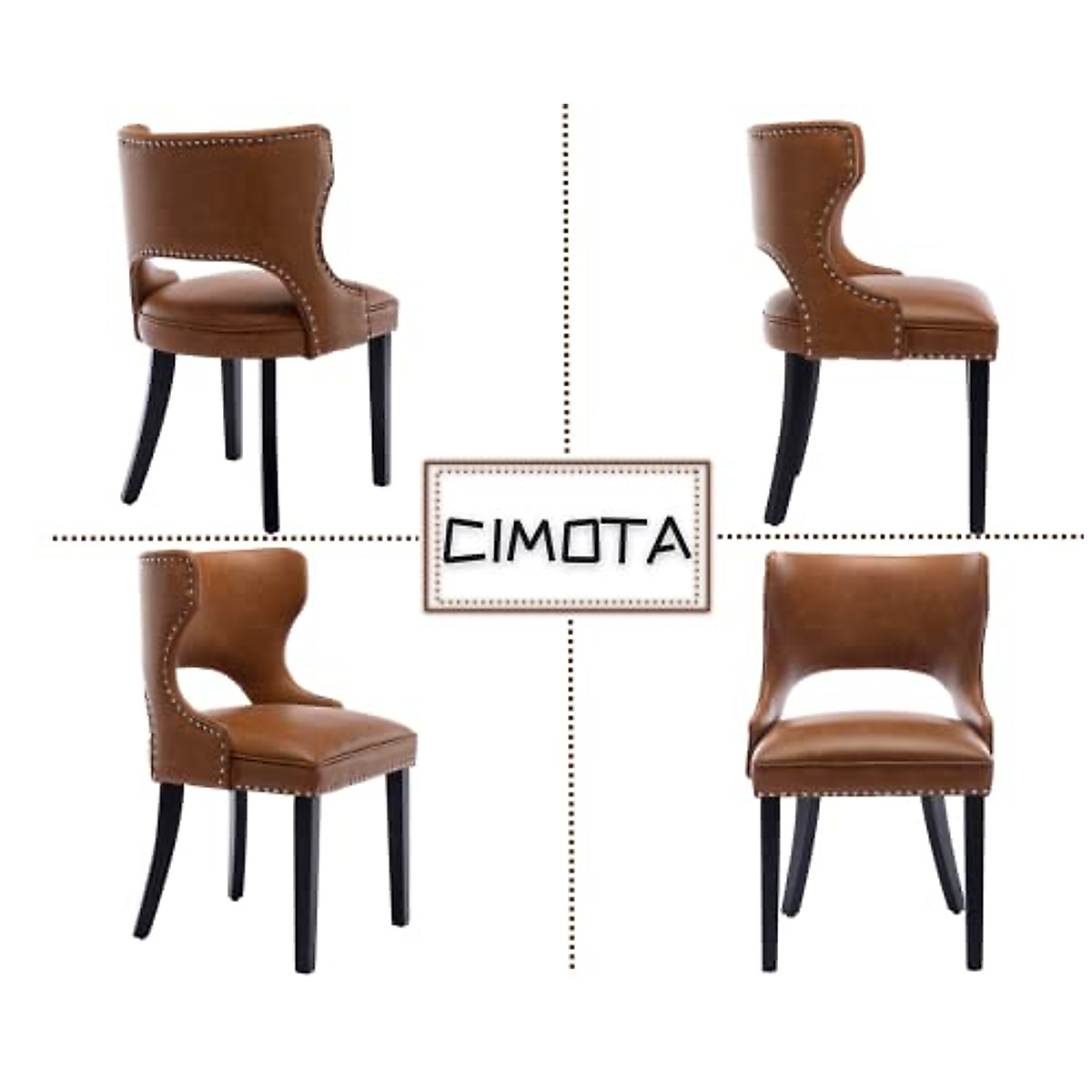 CIMOTA Mid Century Modern Dining Chairs Set of 2, Faux Leather Dining Room Chairs Upholstered Armless Side Chairs with Open Back/Nailhead Trim for Kitchen/Dining Room/Living Room, PU Brown/2PCS