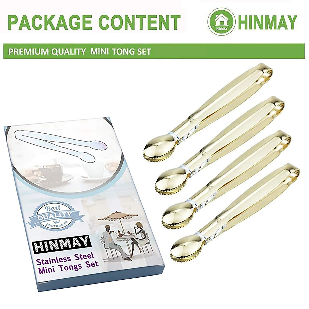 HINMAY Mini Serving Tongs 5 Inches Appetizer Tongs, Set of 4 (Gold)