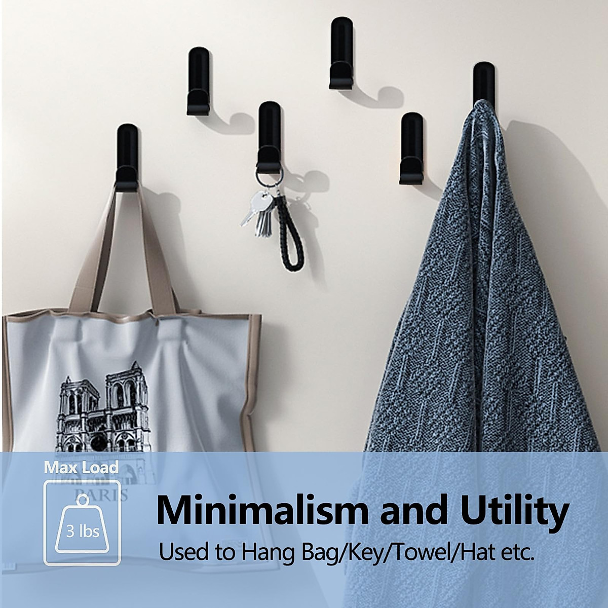 DueHoppee 12 Pack Plastic Adhesive Hooks,Damage Free Hooks Holder,Key Holder,Cute Simple Hooks,Black Decorative Wall Hooks for Hanging Hat Cup Glass Headset Towel(J-Shaped)