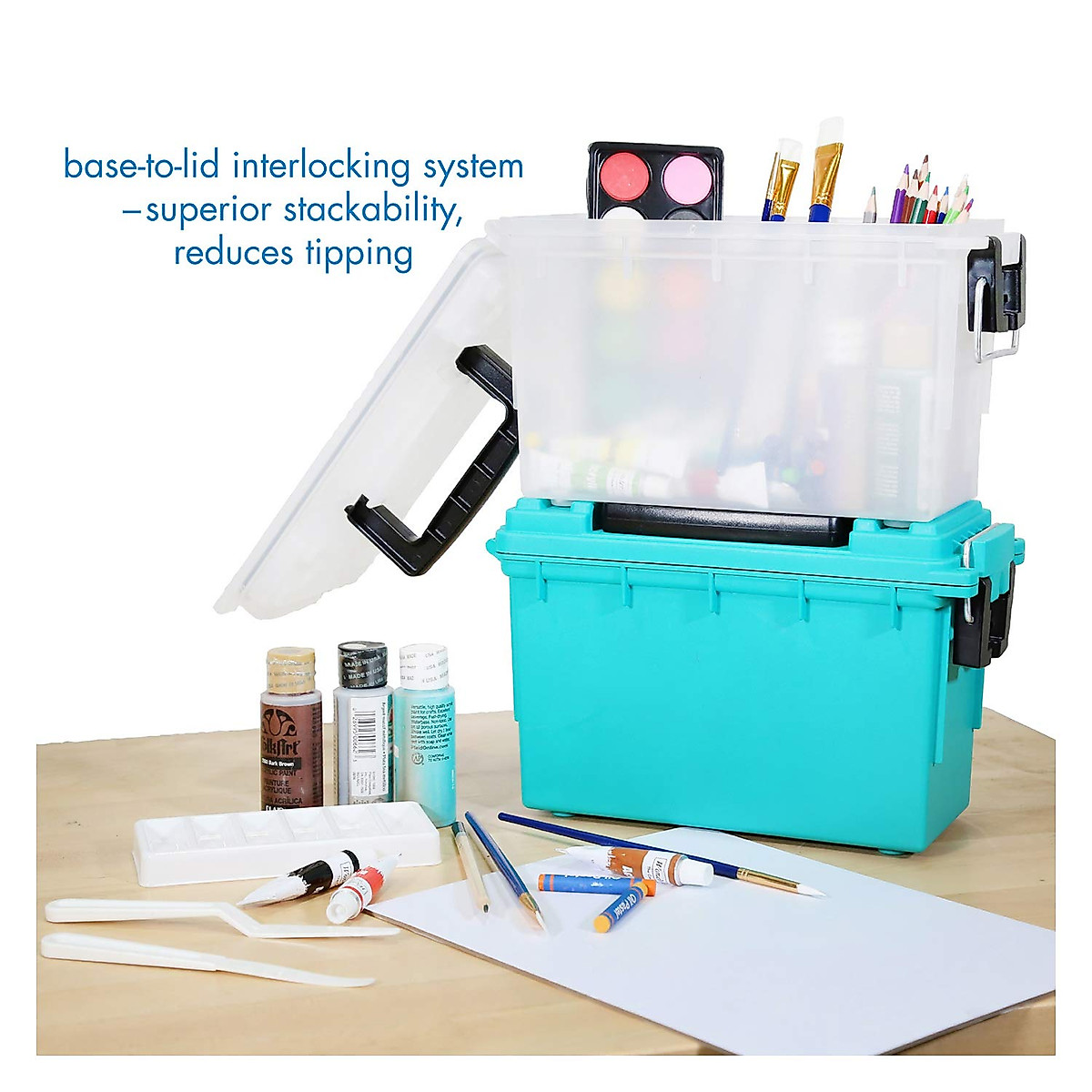 Logix 12535 Stackable Craft Storage Box with Handle, Locking Art Supply , Plastic Containers with Lids, Craft Organizer , Frost