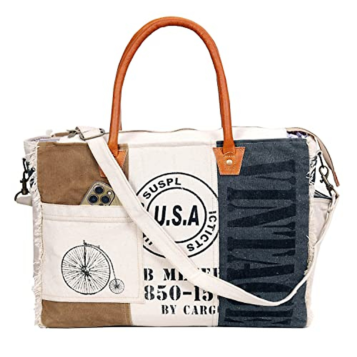 CLA Bags SEL de MER Upcycled Large Upcycled Canvas Crossbody Bag & Cowhide Tote Bag, Upcycled Canvas & Cowhide Leather Handbag Bag for Women