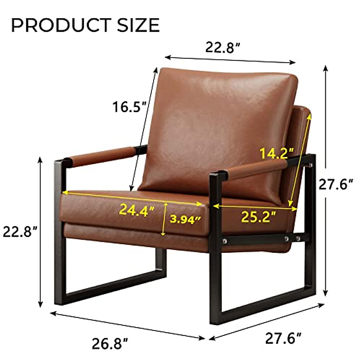 Modern Faux Leather Accent Chair Armchair with Extra-Thick Padded Backrest and Metal Frame for Living Room and Bedroom Furniture - Comfortable and Elegant（Brown）