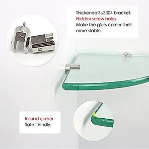 Bathroom Tempered Glass Shower Corner Shelf 12mm Thick Floating Wall Mounted Shelves for Home Decor 9"x9" Quarter Circle Shevling with SUS304 Bracket