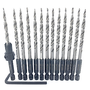 FTG USA Wood Countersink Tapered Drill Bit #8 (11/64") Adjustable Depth Woodworking Taper Point HSS M2 with 12 Pc Replacement Tapered Countersink Bit #8 (11/64"), ¼” Quick Change Shank