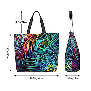 Qaxcdmky Peacock Feather Tote Bag Large Shoulder Bag Casual Reusable Handbag For Women Shopping Grocery Work