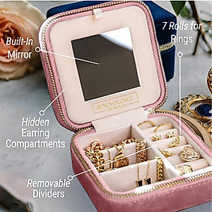 Plush Velvet Travel Jewelry Box Organizer | Travel Jewelry Case, Jewelry Travel Organizer | Small Jewelry Box for Women, Jewelry Travel Case | Earring Organizer with Mirror - Dusty Pink