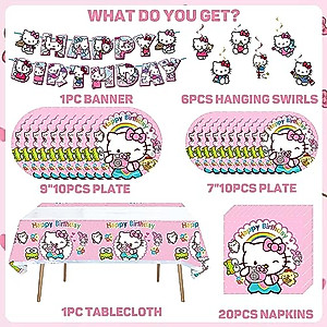 Kitty Birthday Party Supplies Include Birthday Banner, Hanging Swirl Decorations, Plates, Napkins, Tablecloth for Kitty Party Decorations, Sever 10