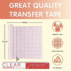 Transfer Tape for Vinyl - 12" x 65 FT w/Green Alignment Grid for Adhesive Vinyl - Medium Tack Vinyl Transfer Tape for for Decals Signs Windows Stickers