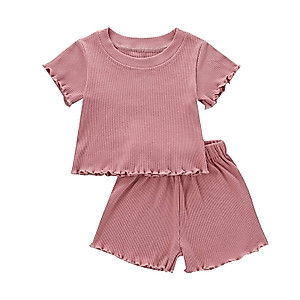 Kupretty 2Pcs Toddlers Baby Girls Summer Clothes Set Ruffle Ribbed Short Sleeves T-Shirt Tops Shorts Comfy Outfits (Pink, 18-24 Months)