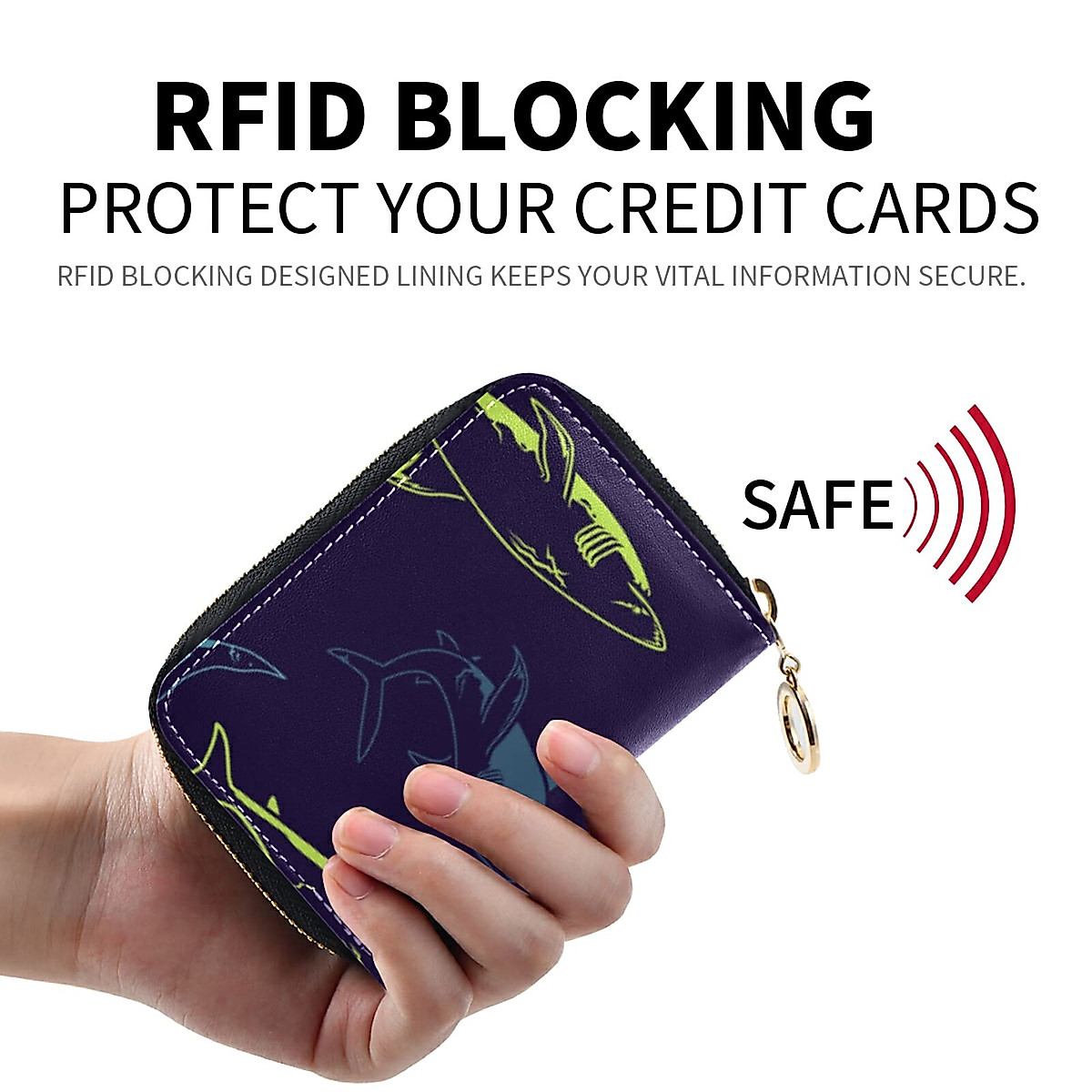 Seamless Yellow Purple Turquoise Swimming Sharks on Dark Credit Card Coin wallet, Key Change Organizer Zipper Purse Compact Clutch Pouch Pocket, RFID Blocking Women Leather Card Holder