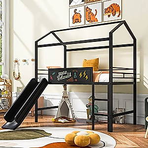 BOVZA Twin Size Metal House Loft Bed with Slide and Roof, Multifunctional Loftbed Frame with Two-Sided Writable Wooden Board, Black
