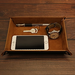 Socospace Valet Tray-leather and velvet,EDC Tray,Catchall Tray for Jewelry,Wallets,Watches,Key,Phones,Glasses, Perfect for Nightstand,Entryway Table,Desk,Key Tray,Home Decor（Brown）