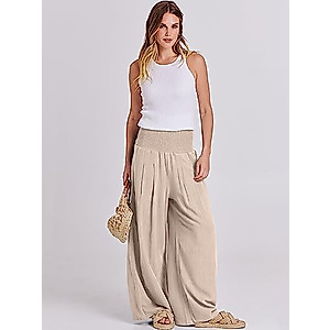ANRABESS Women Linen Palazzo Pants Summer Boho Wide Leg High Waist Casual Lounge Pant Trousers with Pocket 1091mixing-S