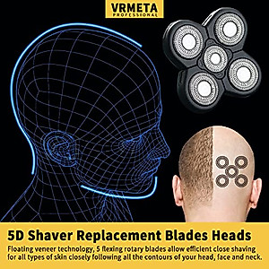 VRMETA Men's Electric Shaver Replacement Heads 5D Sharp Stainless Steel Head Shaver Replacement Heads Floating Shaver Blades for Electric Rotary Shaver (5 Heads (Black)