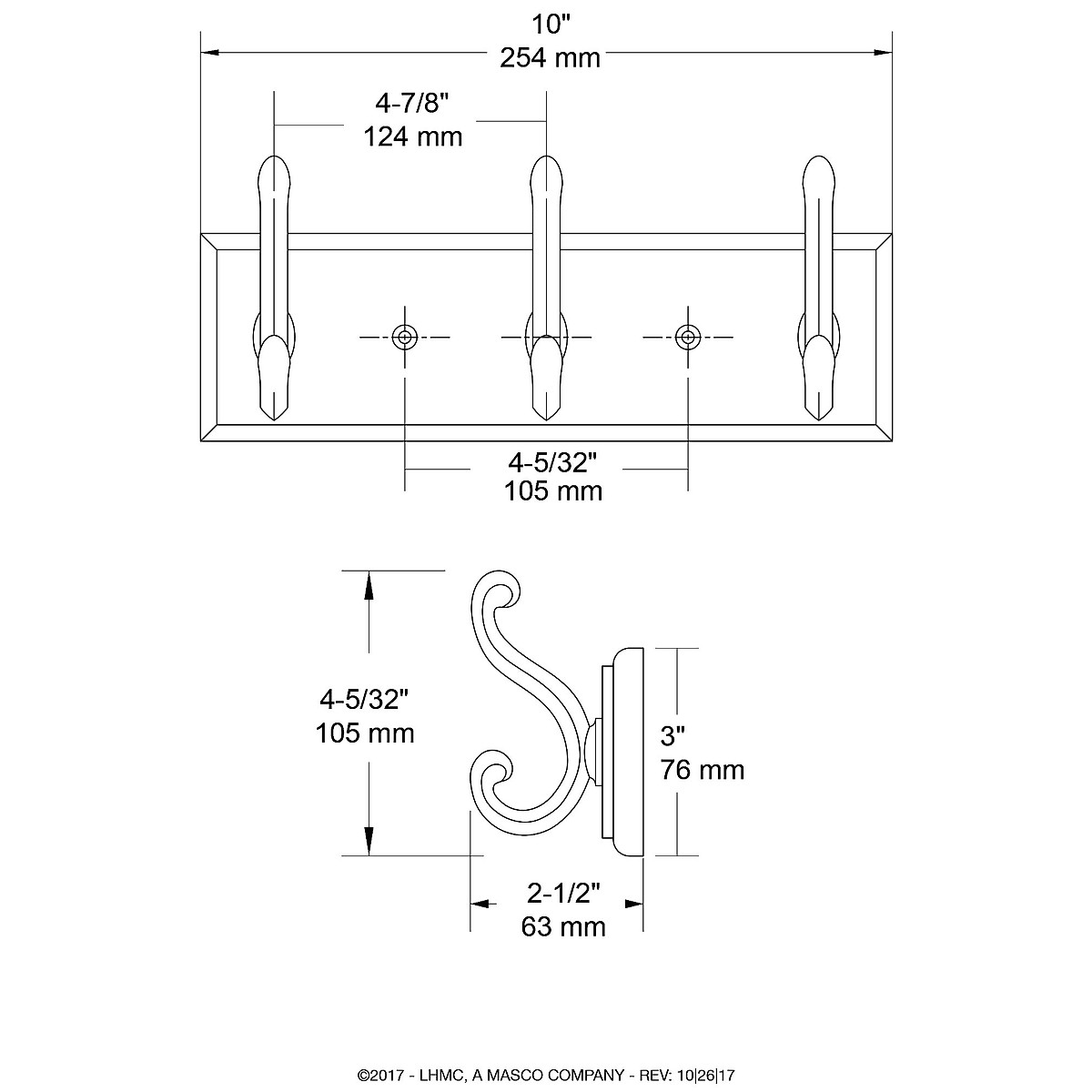 129854 Coat Rack, 10-Inch, Wall Mounted Coat Rack with 3 Decorative Hooks, Satin Nickel and White