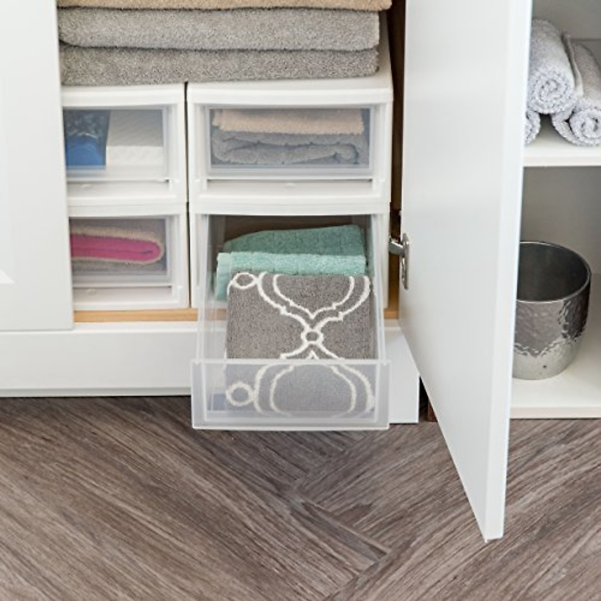 IRIS USA 6 Quart Compact Stacking Storage Drawer, Plastic Drawer Organizer with Clear Doors for Undersink, Kitchen, Pantry, Desk, and Home De-Clutter, Store Shoes and Craft Supplies, 4-Pack, White