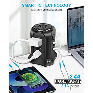 Power Strip Tower Surge Protector, BEVA Surge Protector Tower with 9 AC Outlet and 4 USB Ports, 18AWG 6.5 Feet Extension Cord, 3-Prong Flat Plug, Multiple Outlets for Office Apartment Dorm Essentials