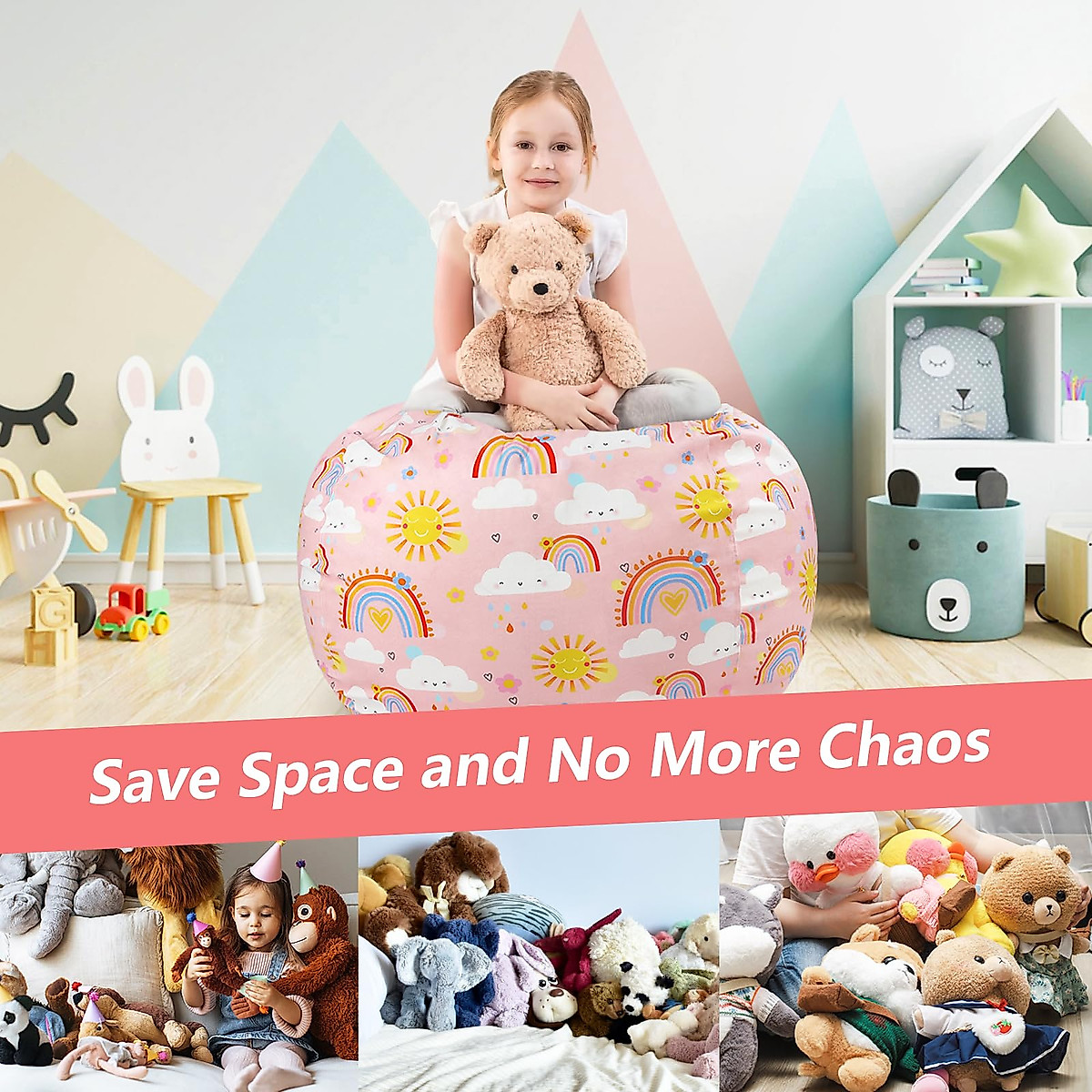 decalsweet Bean Bag Chair for Kids Stuffed Animal Storage Beanbag Chairs,Toddler Toy Storage Organizer for Girls and Boys,Large 32'' Cover Only（No Filling