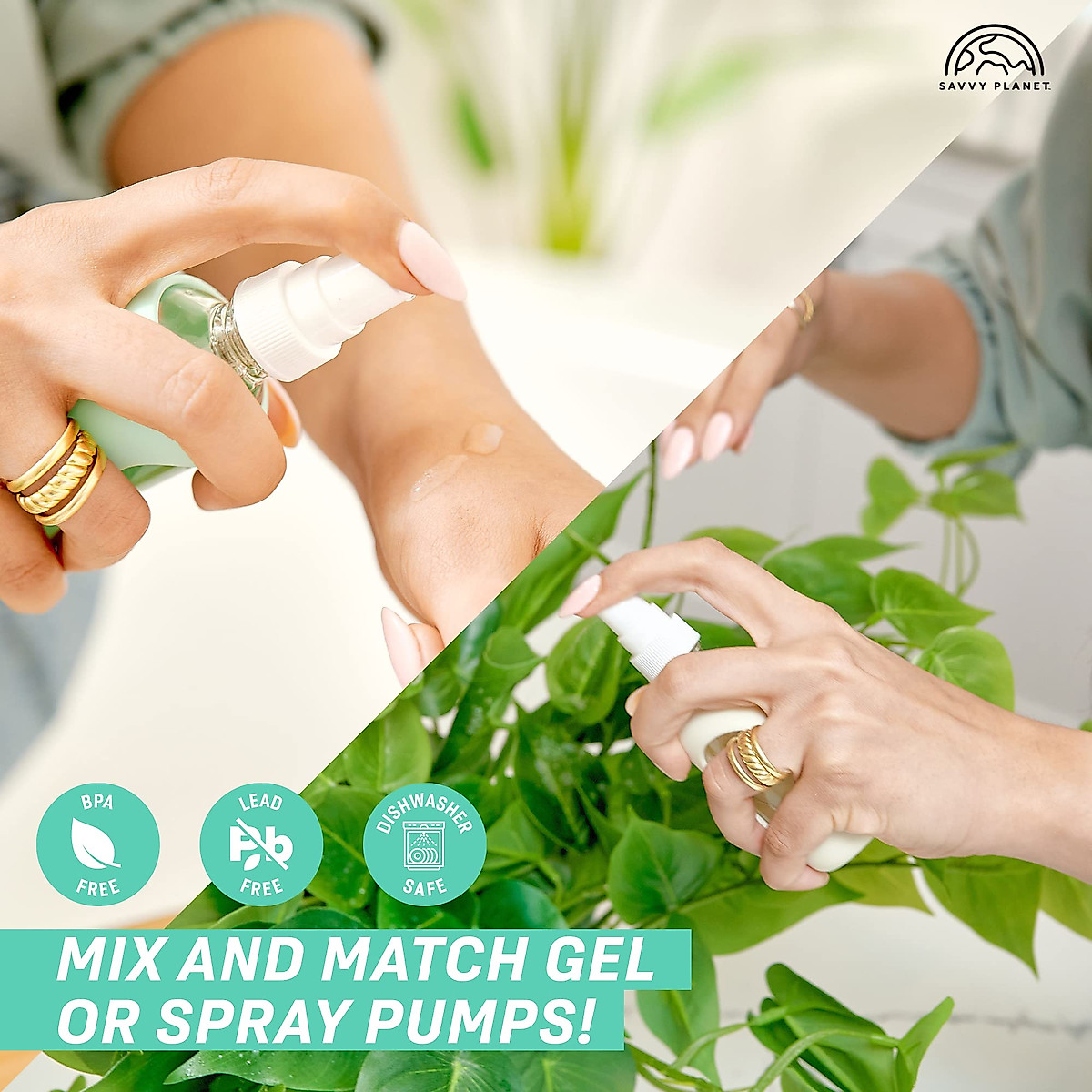 SAVVY PLANET Empty Clear Glass 2oz Small Spray Bottles with Silicone Sleeve Protection - Refillable Containers for Travel, Cleaning Solutions, Essential Oils, Sanitizers - Quality Sprayer - 4 Pack