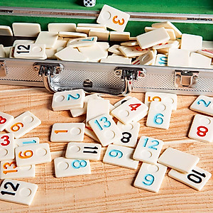 Homwom 106 Tiles Rummy Game - Travel Games Rummy Board Game Rummy Set with Aluminum Case & 4 Anti-Skid Durable Trays