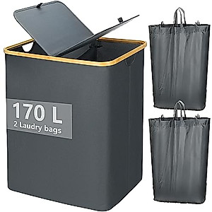 Graciadeco 170L Double Laundry Basket with Lid Foldable Extra Large 2 compartment Laundry Hamper with Handles Dirty Clothes 2 section Hamper for Laundry Bamboo Bathroom Bin Bedroom Closet, Grey