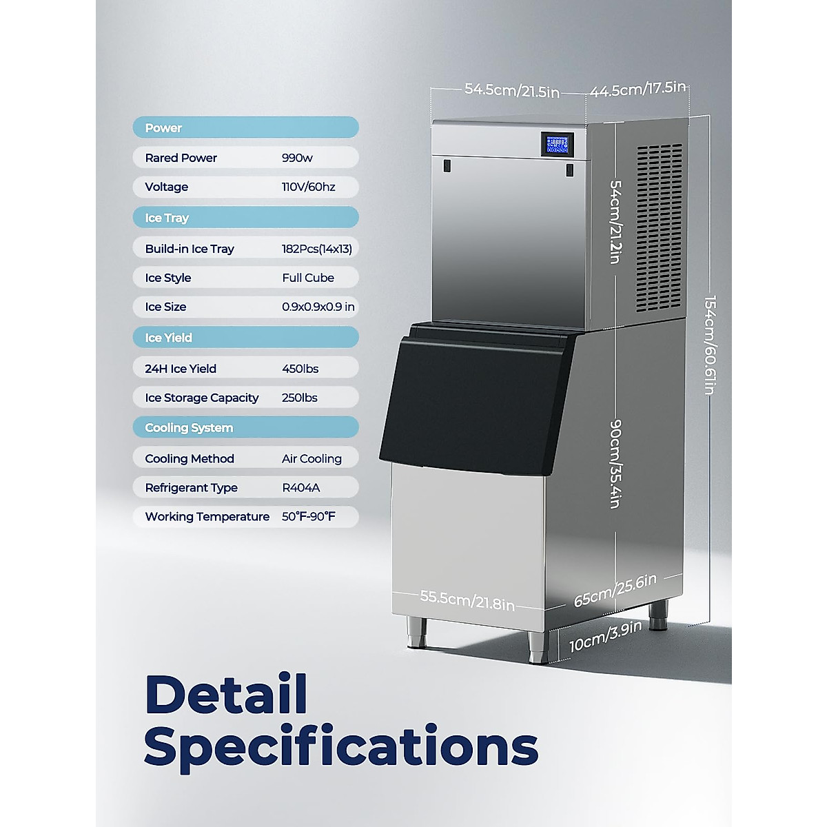 22" Commercial Ice Maker Machine 450LBS/24H with 250LBS Storage Bin, Powerfull Compressor, 182 Full Cube Ice Ready in 8-15 min, Air Cooled, Industrial Ice Machine for Business