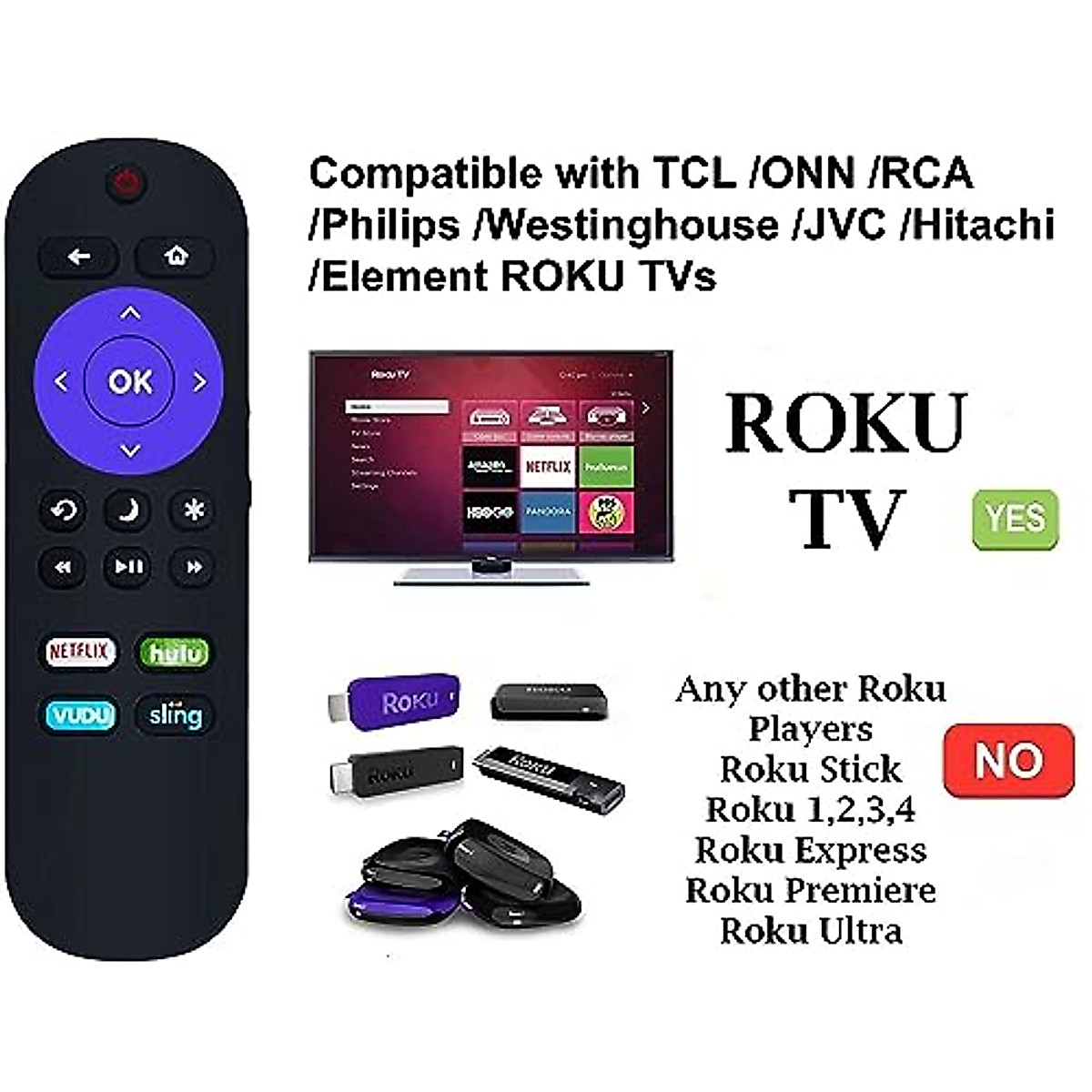 Universal Remote Compatible with Element ROKU TV with Netflix Hulu Vudu Sling