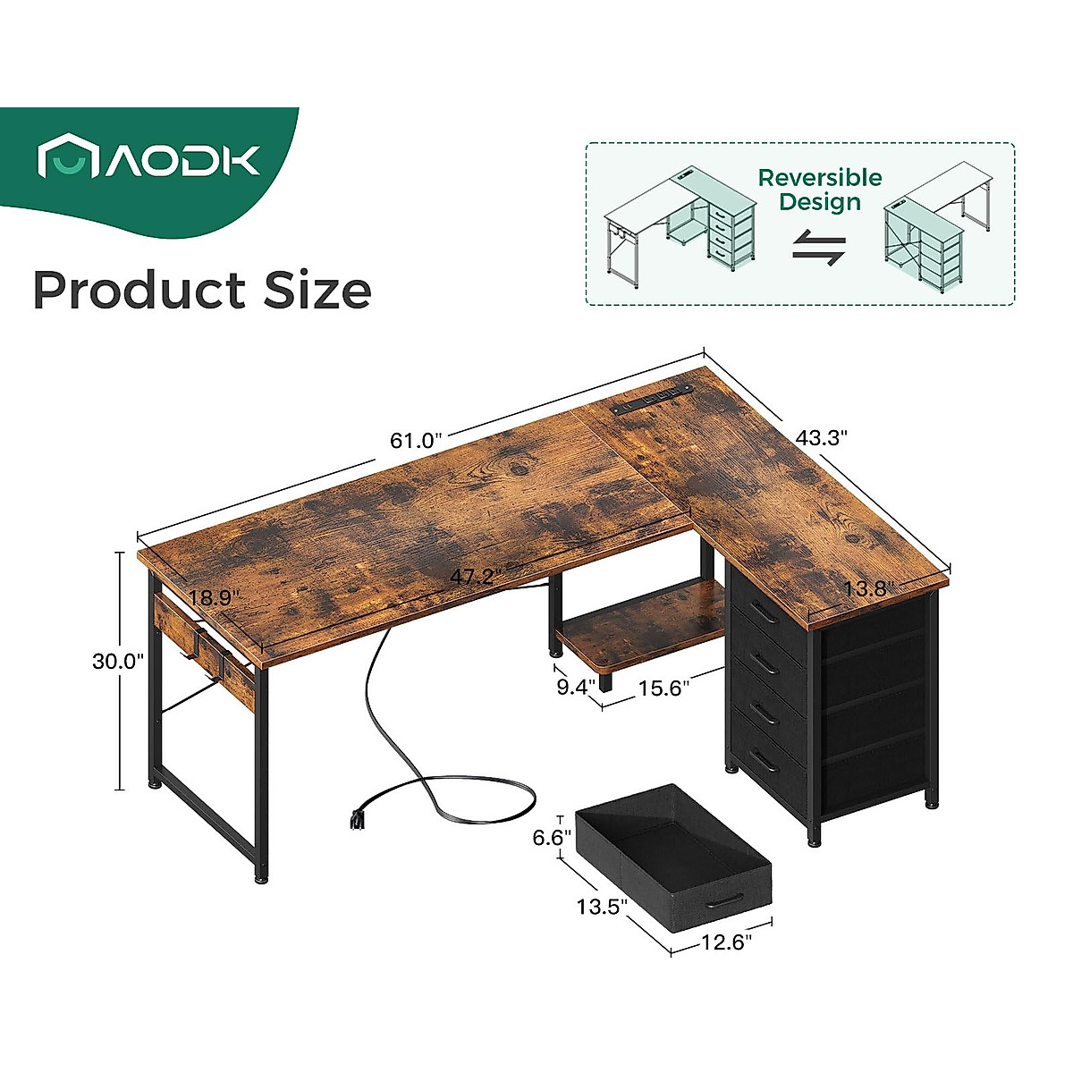 AODK L Shaped Desk with 4 Tier Drawers, 61" Reversible Gaming Desk with Power Outlets, L Shaped Computer Desk with USB Charging Port and Host Stand, Home Office Corner Desk, Easy to Assemble, Vintage