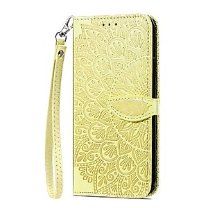 ONV Wallet Case Compatible with Samsung Galaxy S9 Plus -Solid Color Emboss Feather Flip Phone Case with Strap Card Slot Magnet Leather Shell Flip Stand Cover for Samsung Galaxy S9 Plus [MZY] -Yellow
