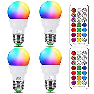 ILC RGB LED Color Changing Light Bulb, 40W Equivalent, 450LM, 2700K Warm White 5W E26 Screw Base RGBW, Flood Light Bulb- 12 Color Choices - Timing Infrared Remote Control (4 Pack)
