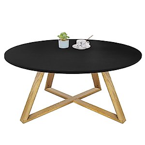 SYMXMYZ 31.5 Inches Round Coffee Table, Wooden Coffee Table, Modern Coffee Table, Oak Table Legs, Coffee Tables for Living Room Modern Design Home Furniture, Black