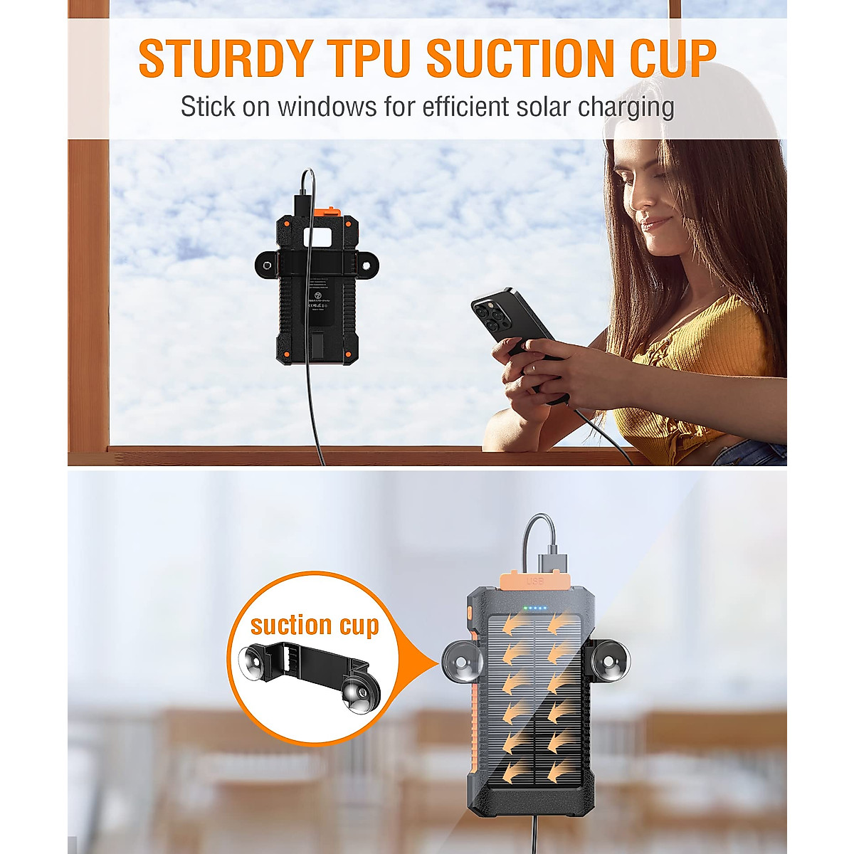 MetFut Solar Power Bank 38800mAh, Solar Charger with Suction Cup Mount Three Modes Flashlight-Steady/SOS/Strobe IPX7 Waterproof/Dustproof/Shockproof External Battery Pack 3 USB Charging Ports(Orange)