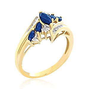 Lexi and Rose 14K Yellow Gold, Marquise Cut Blue Sapphire & 1/10 Cttw Diamonds Channel Set Bypass Engagement Ring (I-J Color, I2-I3 Clarity) - Size 7