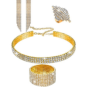 Hicarer 3 Pieces Women Rhinestone Jewelry Set Rhinestone Choker Stretch Bracelet Bangle Crystal Rhinestone Necklace Ring Dangle Fringe Earrings for Wedding Bridal Birthday Party Accessories
