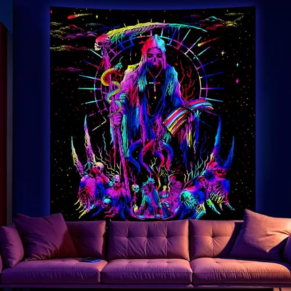 Blacklight Skull Tapestry for Bedroom, Hippie Grim Reaper and Skeleton Posters Wall Hanging for Men Room Decor, Large Black Light Cool Gothic Tapestries for Men Living Room Dorm Decor (60in x 79in)
