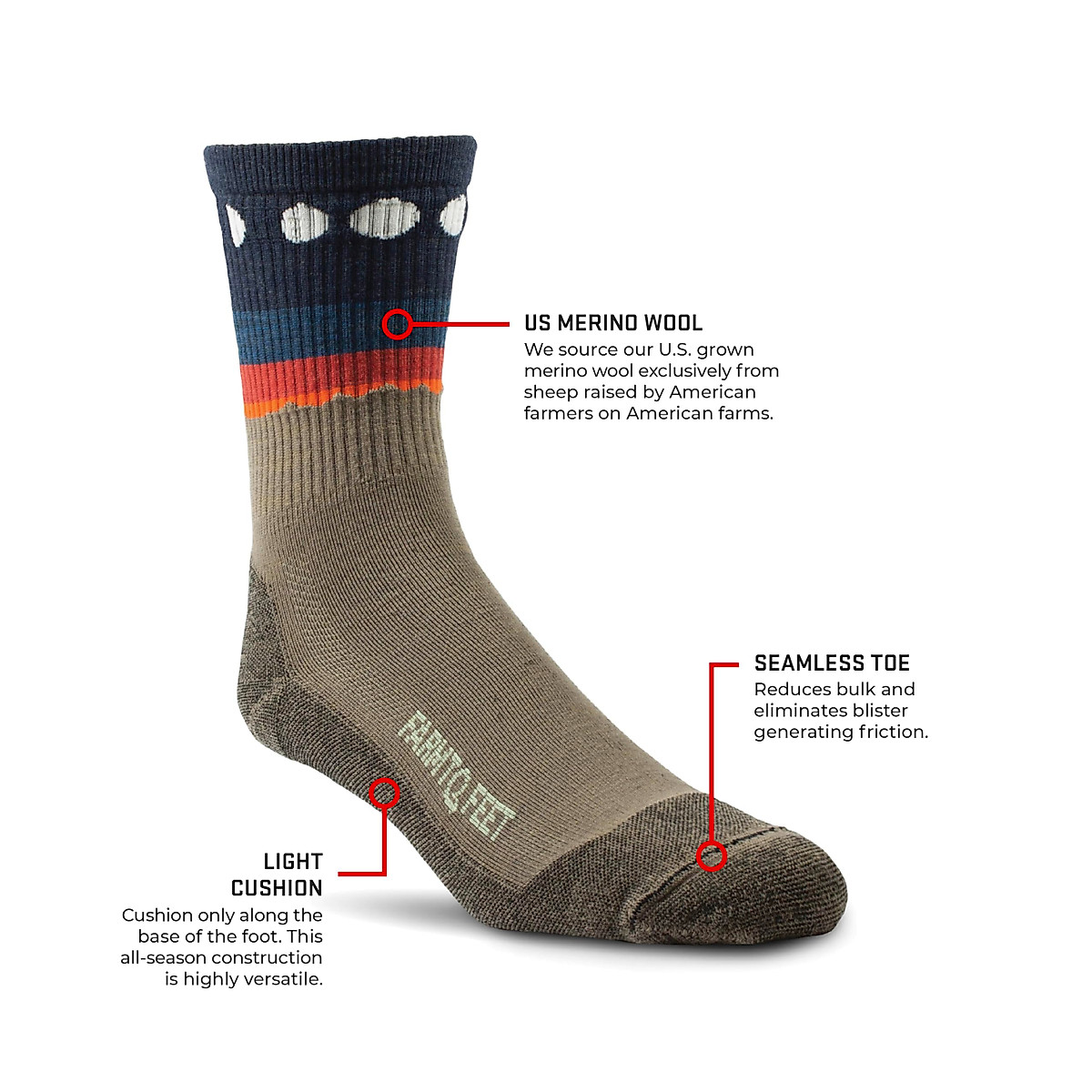 Farm to Feet Unisex Flagstaff Light Cushion Trail Lightweight 3/4 Crew Socks, Driftwood, Medium