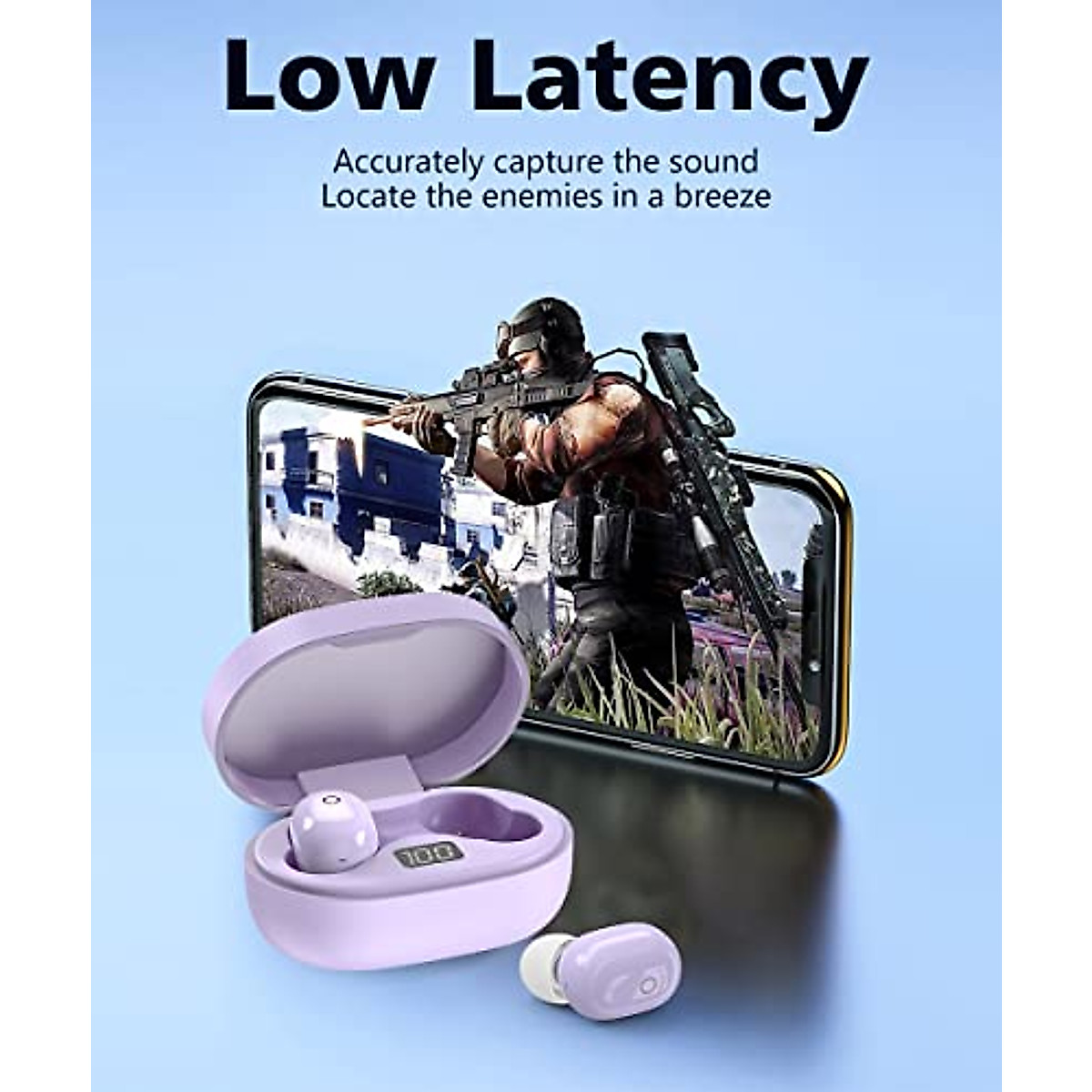 Wireless Earbuds, Bluetooth Earphones Stereo HiFi Sound Noise Cancelling with Built-in Microphone, True Wireless Headphones In-Ear Earbuds for Sports and Work, Compatible with iPhone, Android- Purple