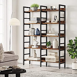 LITTLE TREE 5-Tier Industrial Bookshelf, 70.9” H Double Wide Bookcase, Rustic Brown