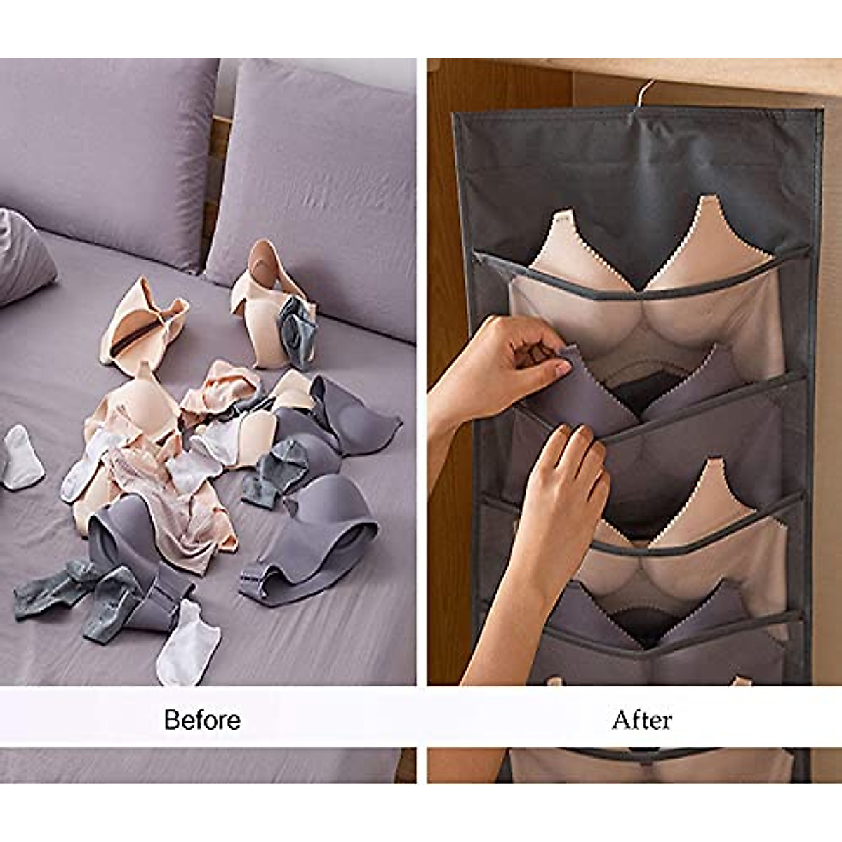 ST-BEST-P Bra and Underwear Hanging Storage Organizer Mesh Pockets Dual Sided Wall Shelves Space Saver Bag Sock Underpants Drawer Closet Clothes Rack (Beige:(6+18 Pockets))
