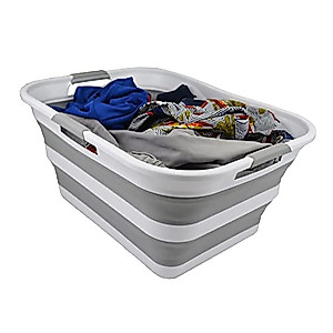SAMMART 42L (11 gallon) Collapsible Plastic Laundry Basket - Foldable Pop Up Storage Container/Organizer - Portable Washing Tub - Space Saving Hamper/Basket (White/Grey)