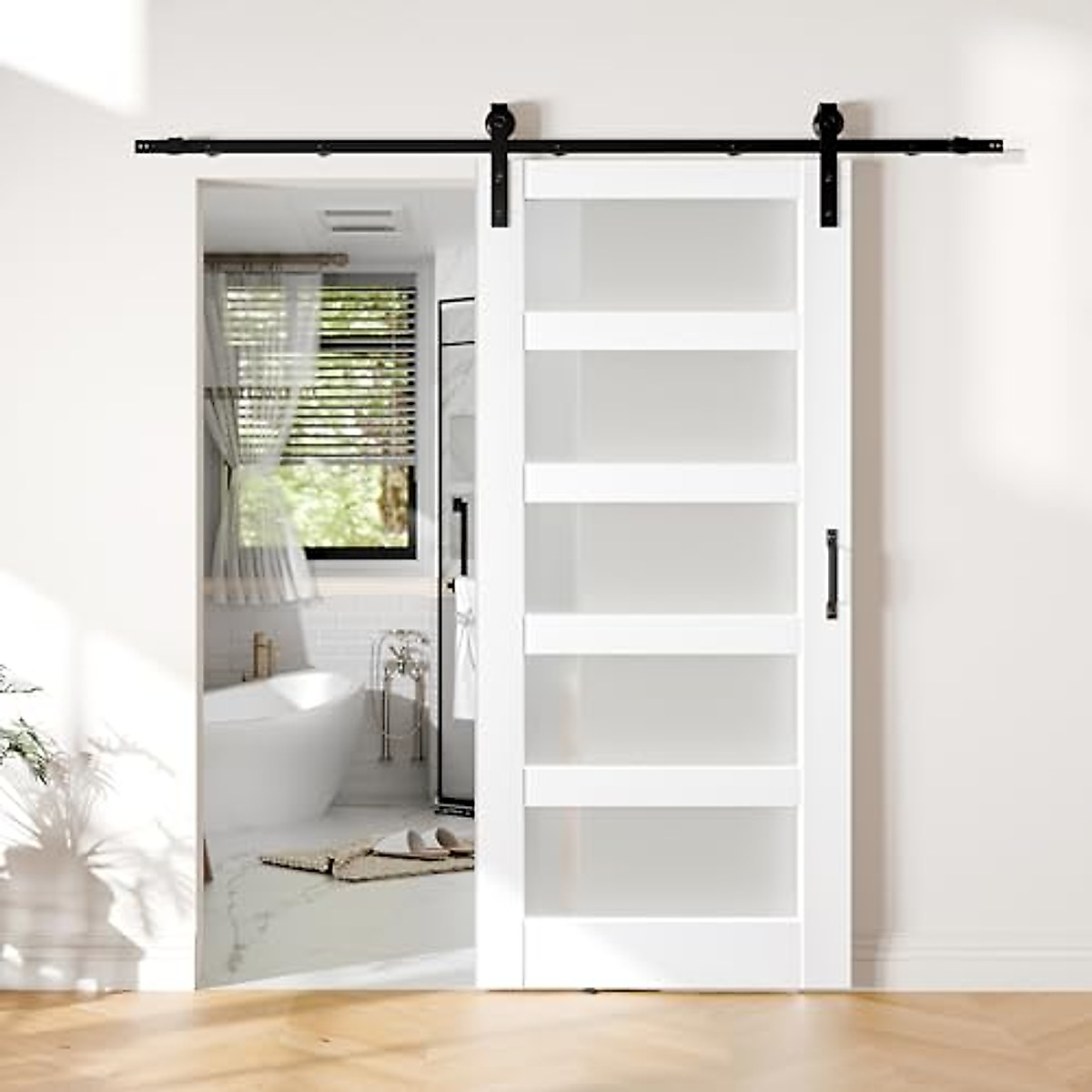 ARKHJEM Glass Sliding Barn Door 36''x84'' Sturdy Barn Door Slabs, Assembly Needed, Barn Doors for Home 5 Panel of Frosted Glass Easy Installation for Living Room Bathroom (No Hardware Include)