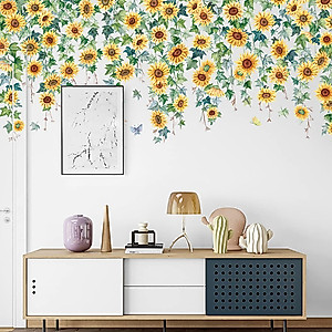Runtoo Sunflower Wall Stickers Hanging Vines Floral Wall Art Decal for Kitchen Girls Bedroom Bathoom Kids Wall Decor