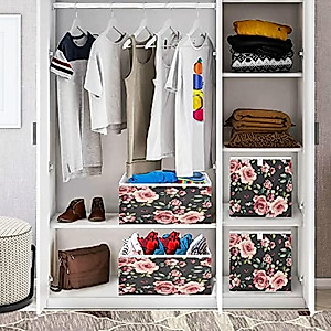 ALAZA Collapsible Storage Cubes Organizer,Rose Flowers Floral Black Storage Containers Closet Shelf Organizer with Handles for Home Office