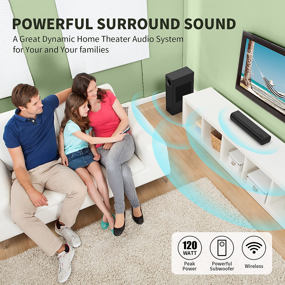 120W Sound Bar for TV, Tiny Soundbars with Wireless Subwoofer, 2.1 CH Home Theater Speakers System with Bluetooth 5.0 Optical RCA AUX , Wall Mountable