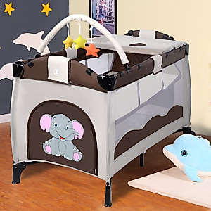 BABY JOY 3 in 1 Pack and Play, Portable Playard with Hanging Toys, 2 Lockable Wheels Diaper Changing Table, Foldable Travel Bassinet Bed (Coffee)