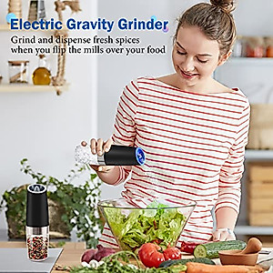 2Pcs Gravity Electric Salt and Pepper Grinder Set, Battery Powered LED Light One Hand Automatic Operation, Adjustable Coarseness Mill Grinders Shakers Black, Kitchen Gadgets Gift Ideas