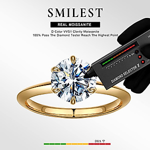 SMILEST 2ct Moissanite Solitaire Ring for Women, D Color VVS1 Clarity Round Lab Created Diamond Engagement Ring 18K Yellow Gold Plated 925 Sterling Silver Classic Moissanite Rings for Women Wife